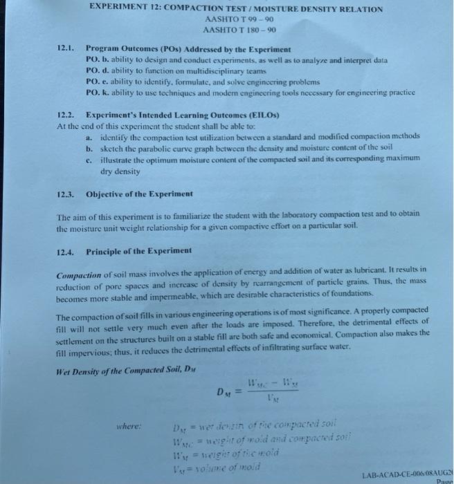 [Solved]: need conclusion pls EXPERIMENT 12: COMPACTION TEST