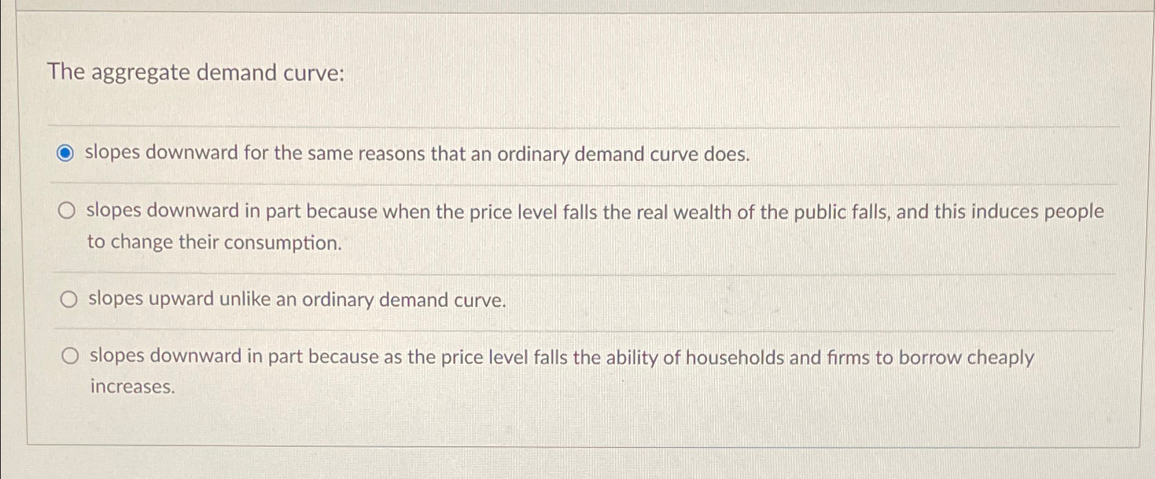 Solved The aggregate demand curve:slopes downward for the | Chegg.com