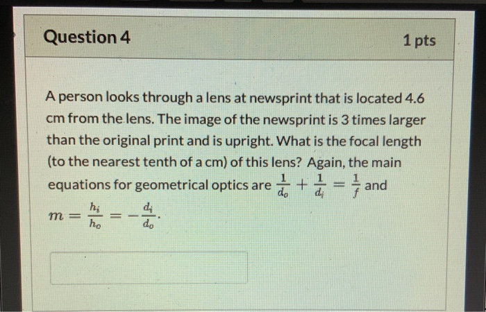 Solved Question 4 1 pts A person looks through a lens at | Chegg.com