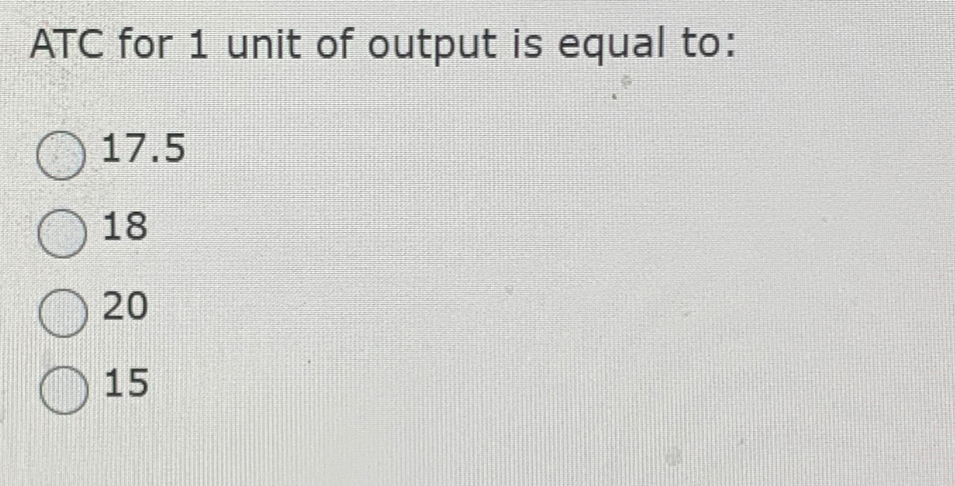 Solved ATC for 1 ﻿unit of output is equal to:17.5182015 | Chegg.com