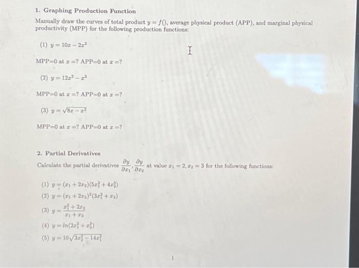 Solved 1. Graphing Production Function Manually draw the | Chegg.com