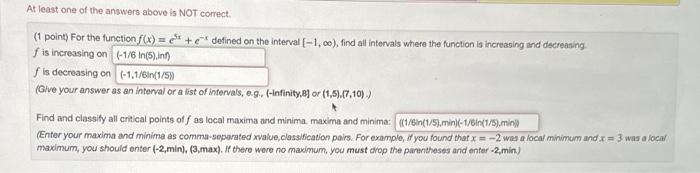 Solved (1 point) For the function f(x)=e5x+e−x defined on | Chegg.com