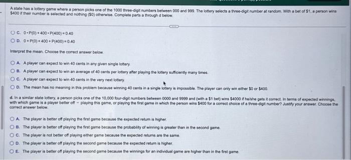 Solved A state has a lottery game where a person picks one | Chegg.com