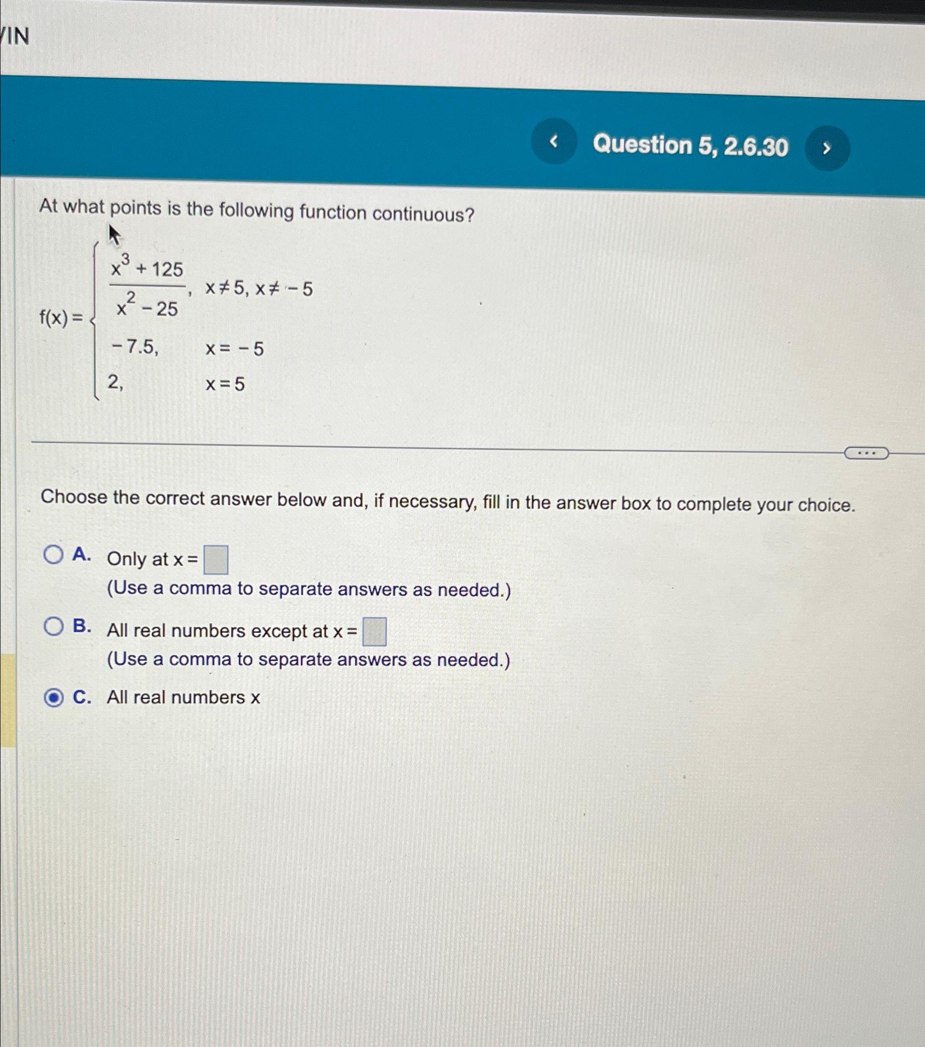 Solved Question 5, 2.6.30\\nAt what points is the following | Chegg.com