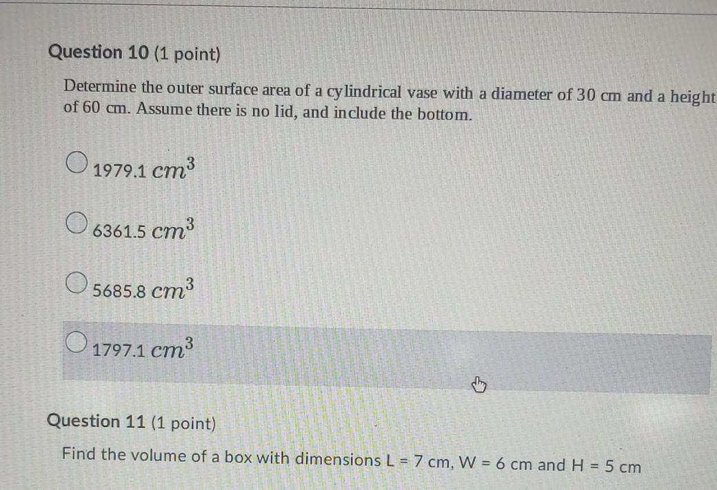 Solved Question 9 (1 point) Calculate the volume of the | Chegg.com