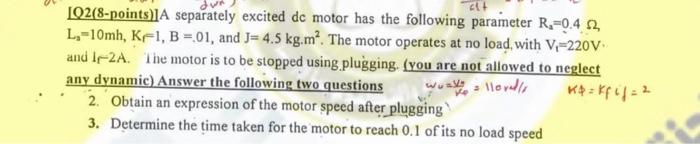 Solved [Q2(8-points)]A separately excited dc motor has the | Chegg.com