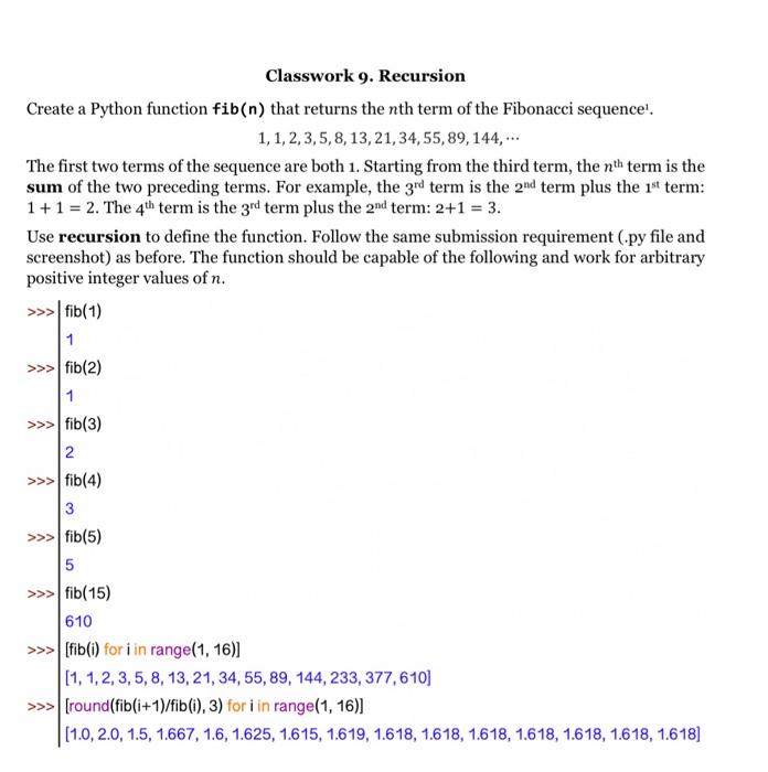 Solved Classwork 9 Recursion Create A Python Function 1461