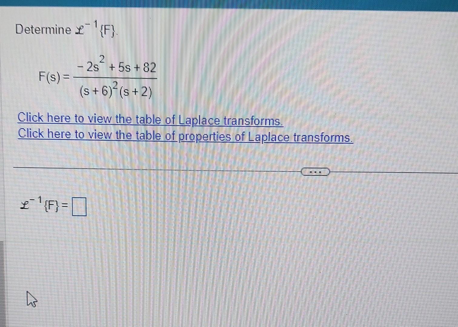 Solved Determine L−1{ F} F(s)=(s+6)2(s+2)−2s2+5s+82 Click | Chegg.com