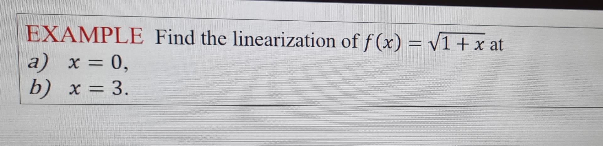 Solved ത്താ EXAMPLE Find the linearization of f(x) = V1 + x | Chegg.com