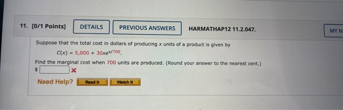 Solved Suppose that the total cost in dollars of producing x | Chegg.com