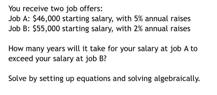 Solved You receive two job offers: Job A: $46,000 starting | Chegg.com