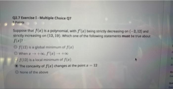 Q2.7 Exercise I-Multiple Choice Q7 5 points Suppose | Chegg.com