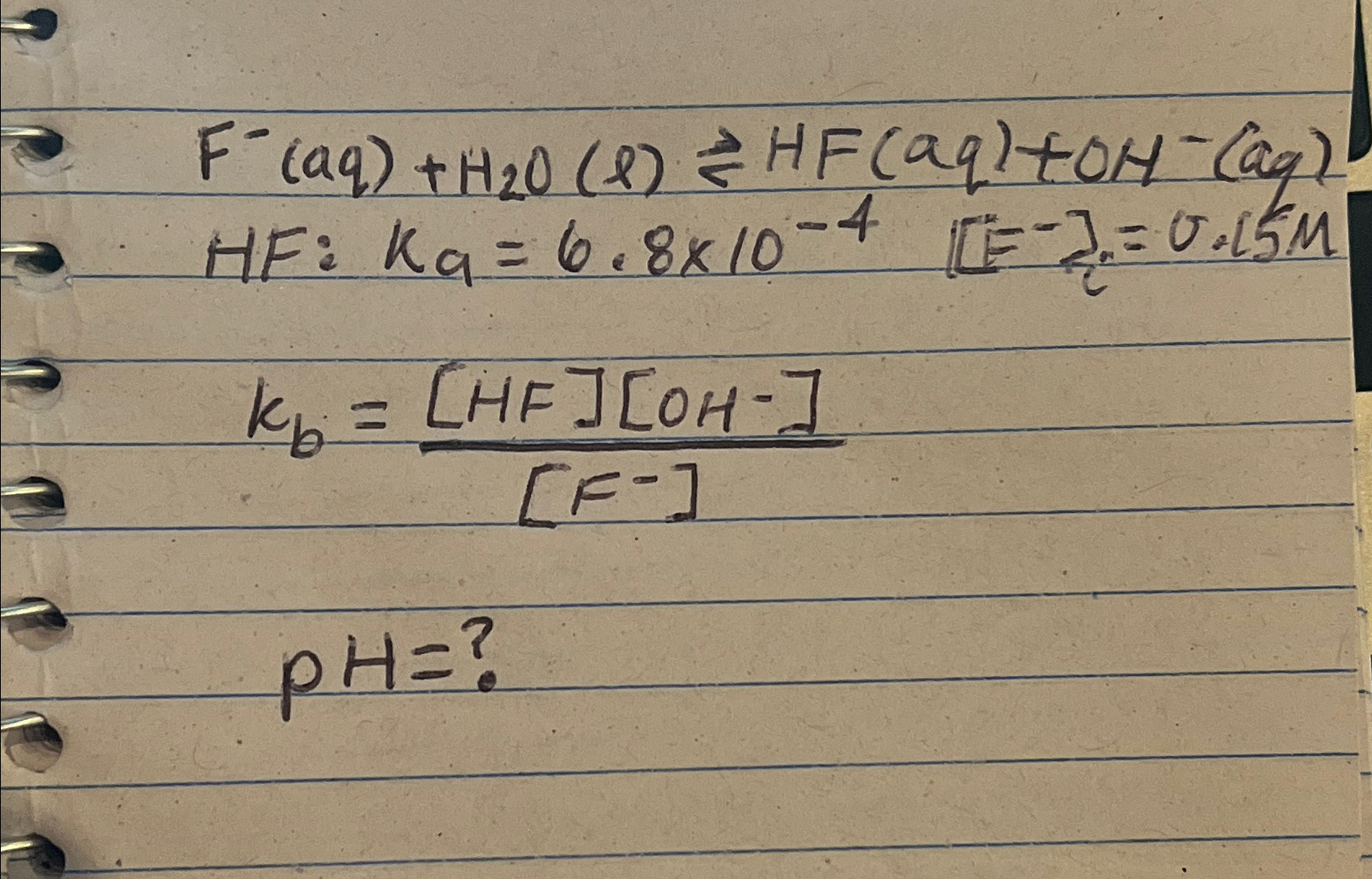Solved F-(aq)+H2O(l)⇌HF(aq)+OH-(aq)HF:Ka=6.8×10-4,[F-]c=0.15 | Chegg.com