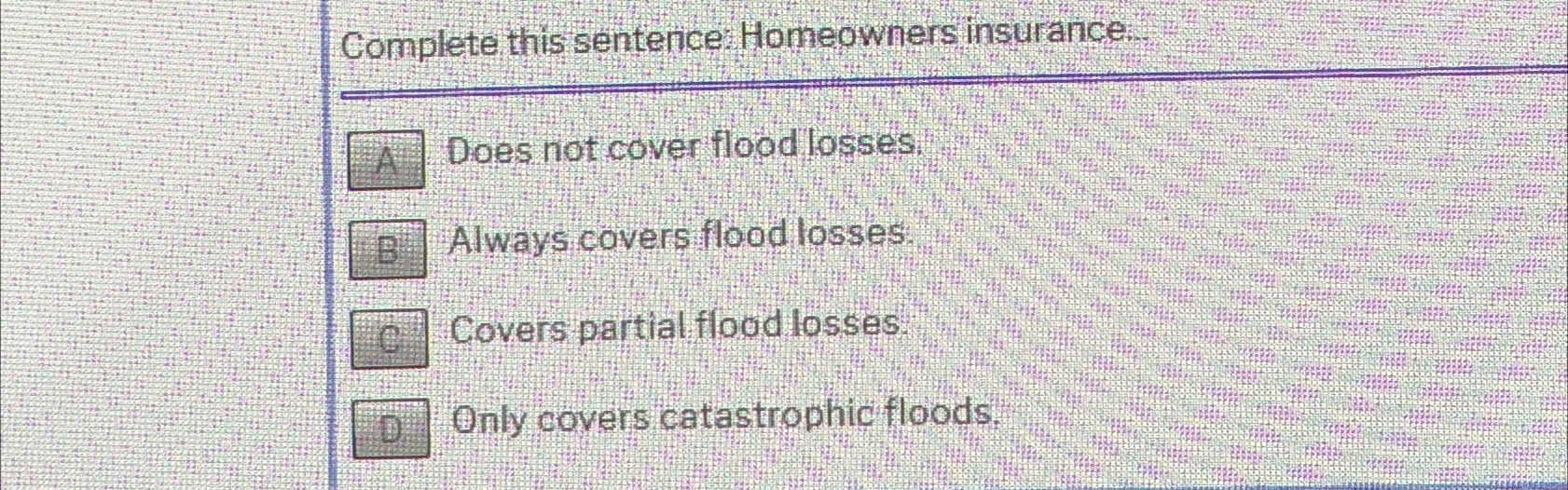 Solved Complete this sentence: Homeowners insurance.Does not | Chegg.com