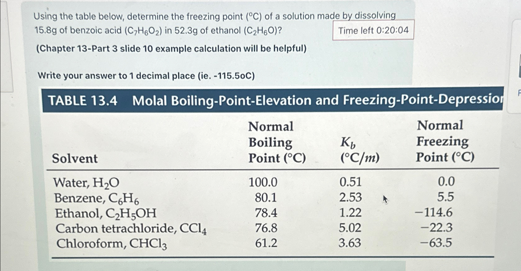Solved Using the table below, determine the freezing point | Chegg.com