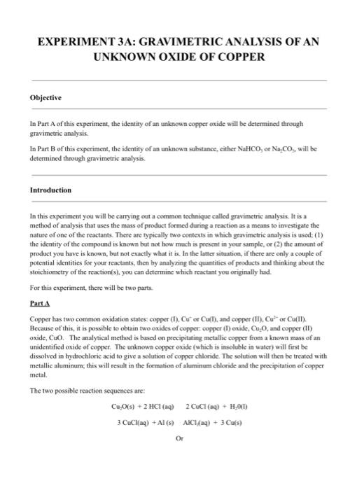 Solved EXPERIMENT 3A: GRAVIMETRIC ANALYSIS OF AN UNKNOWN | Chegg.com
