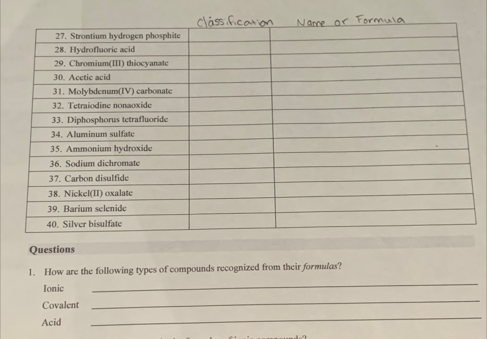 Solved classification Name or Formula\table[[27. ﻿Strontium | Chegg.com