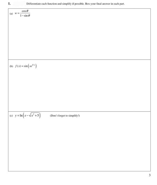 Solved 1. Differentiate each function and simplify if | Chegg.com