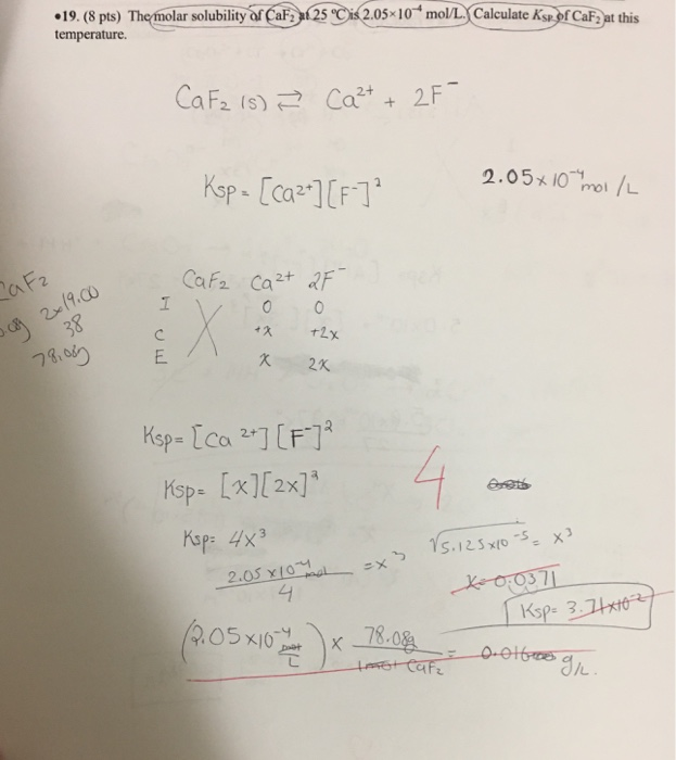 Solved •19. (8 pts) The molar solubility of CaF2 at 25°C is | Chegg.com