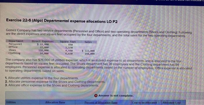 Solved Exercise 22-6 (Algo) Departmental expense allocations | Chegg.com