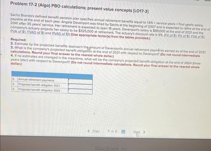 Solved Problem 17-2 (Algo) PBO calculations; present value | Chegg.com