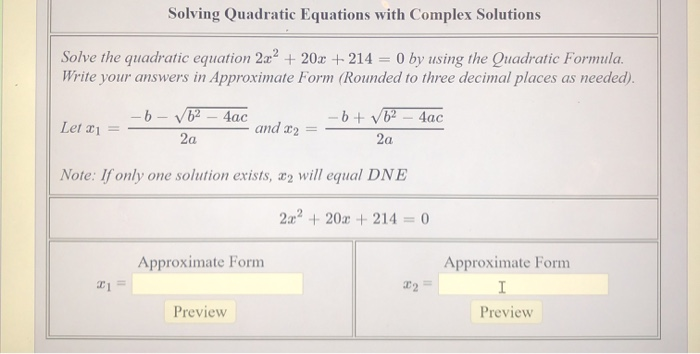 Solved Solving Quadratic Equations with Complex Solutions | Chegg.com
