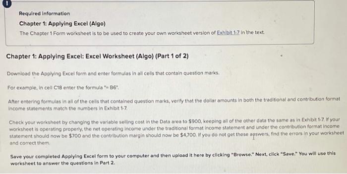Solved Required Information Chapter 1: Applying Excel (Algo) | Chegg.com