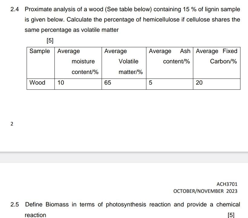 Solved 2.4 Proximate analysis of a wood (See table below) | Chegg.com