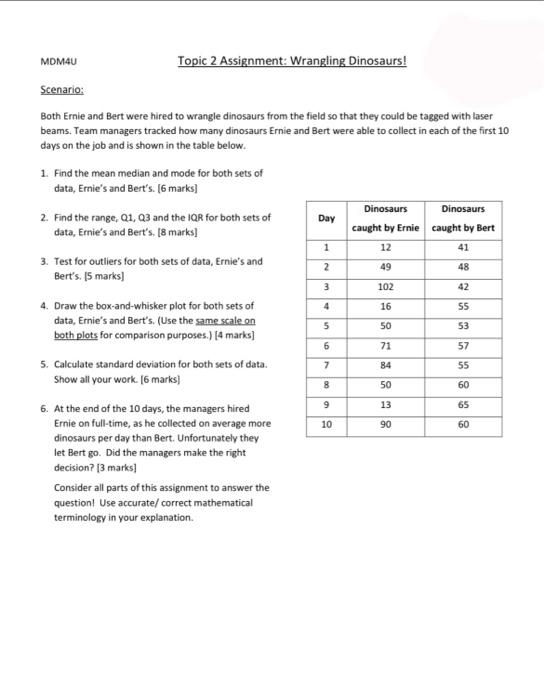 Solved MDM4U Topic 2 Assignment: Wrangling Dinosaurs! | Chegg.com