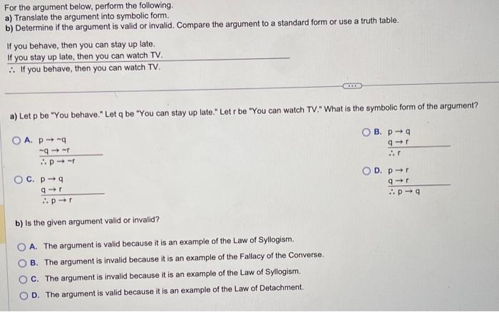 For the argument below, perform the following. a) | Chegg.com