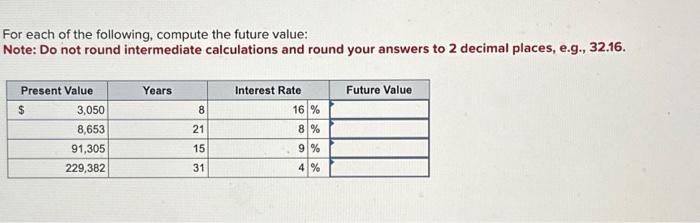 Solved For each of the following, compute the future value: | Chegg.com