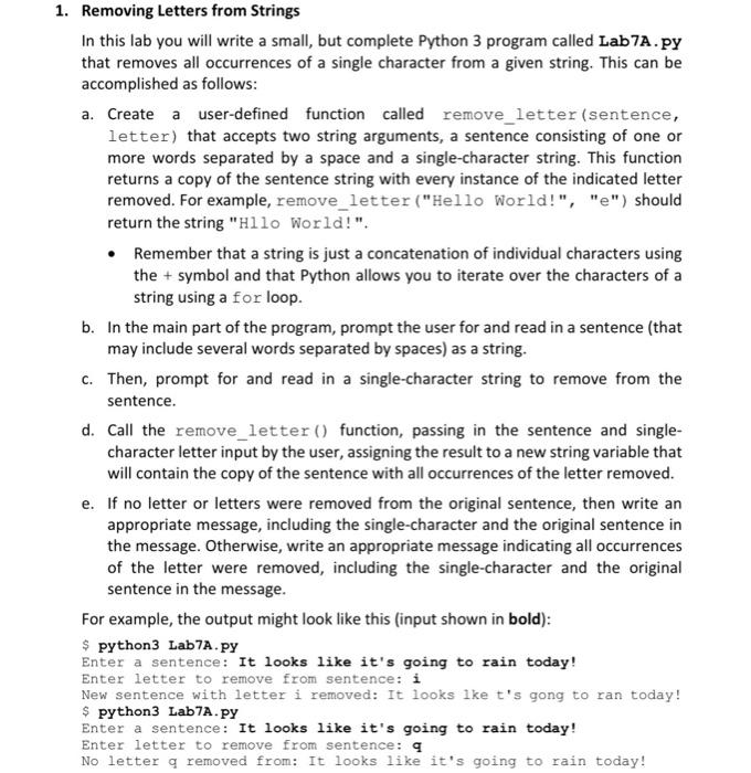 Solved 1. Removing Letters from Strings In this lab you will | Chegg.com