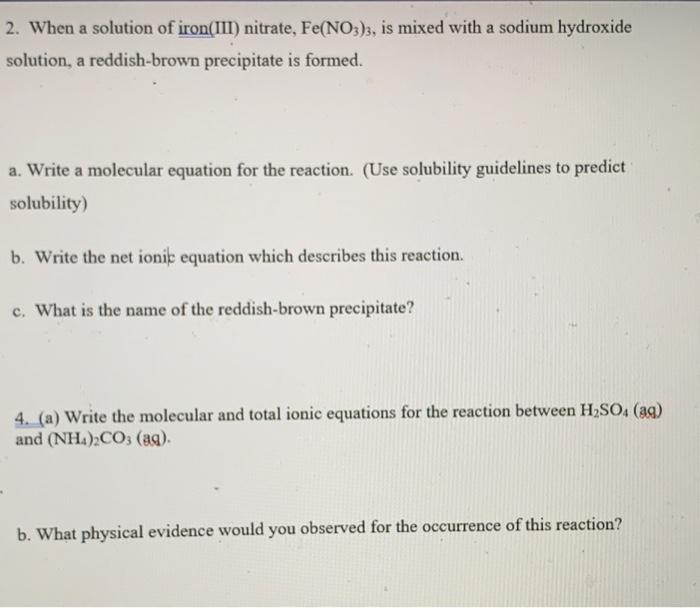 Solved 2. When a solution of iron(III) nitrate, Fe(NO3)3, is | Chegg.com