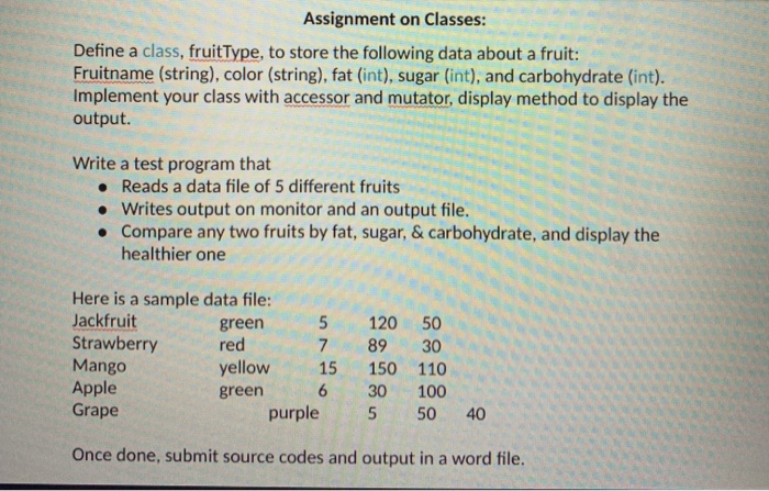 Solved Assignment on Classes: Define a class, fruitType, to | Chegg.com