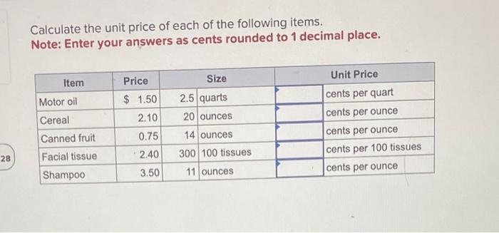 Solved Calculate the unit price of each of the following | Chegg.com