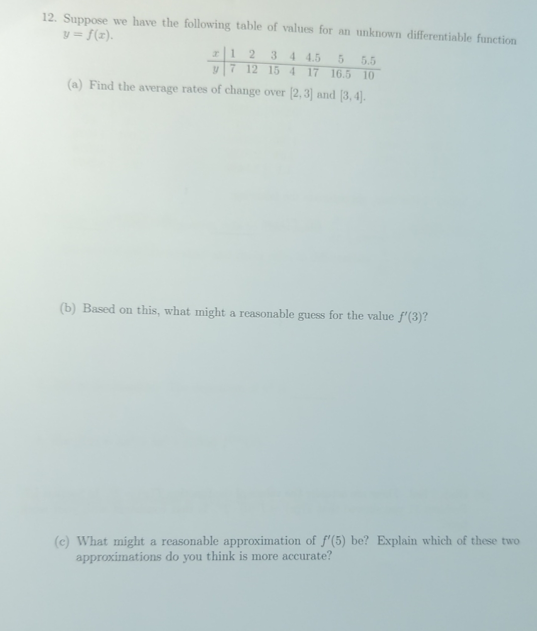 Solved Suppose we have the following table of values for an | Chegg.com