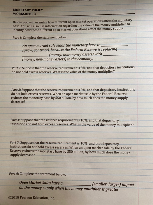 Solved MONETARY POLICY WORKSHEET 3 Below, you will examine | Chegg.com