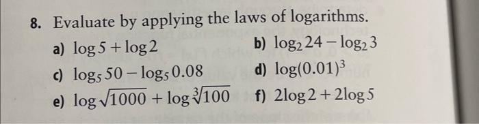 Solved 8. Evaluate by applying the laws of logarithms. a) | Chegg.com