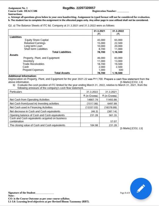 Solved Assignment No, 1 RegdNo. 22207320057 Course Code: | Chegg.com