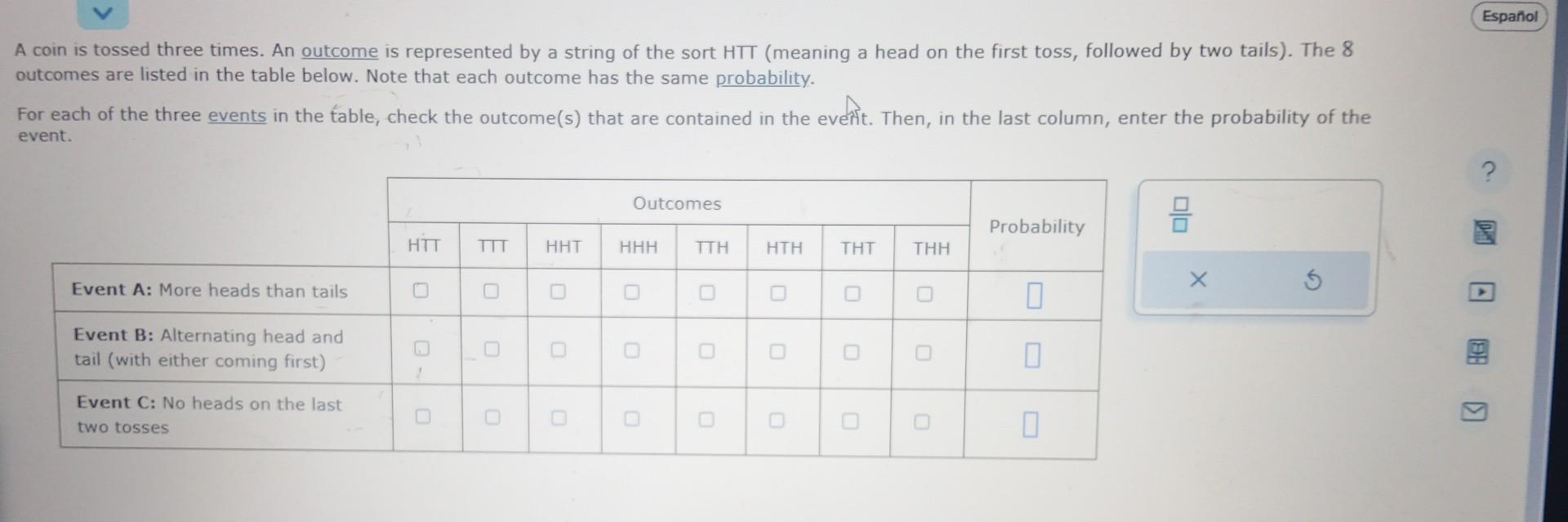 Solved coin is tossed three times. An outcome is represented | Chegg.com