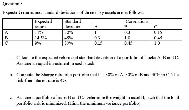Question 3 ﻿Expected returns and standard deviations | Chegg.com