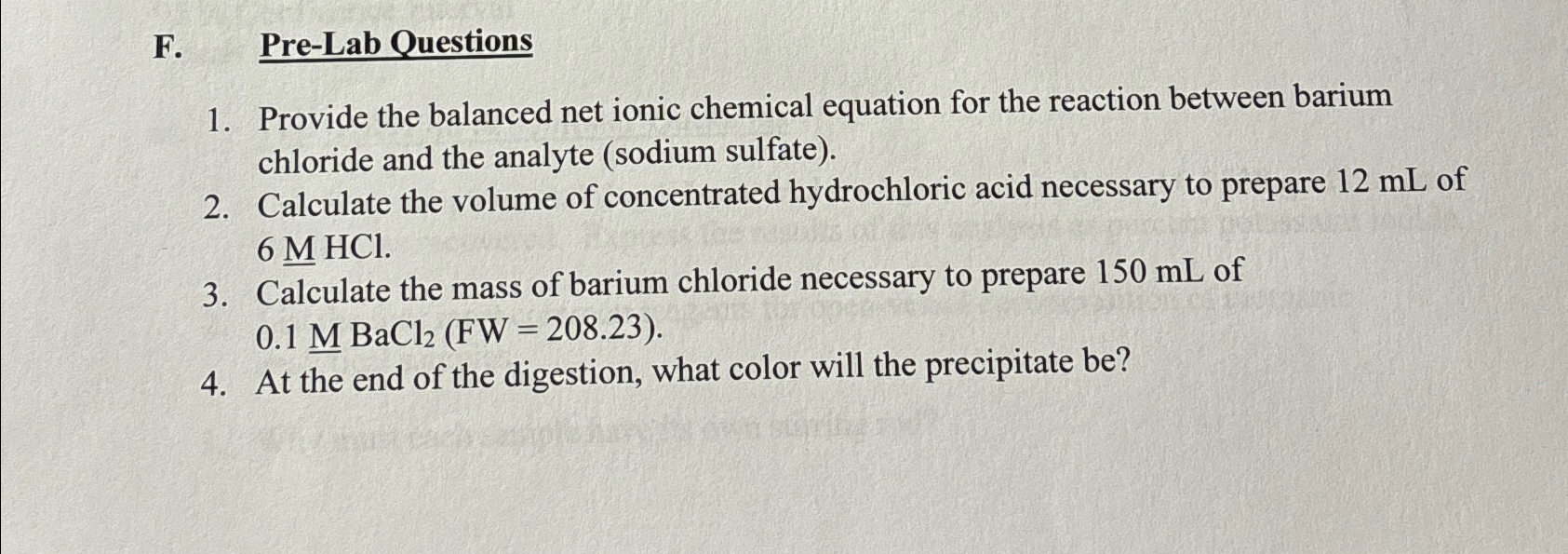 Solved F. ﻿Pre-Lab QuestionsProvide the balanced net ionic | Chegg.com