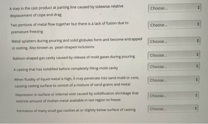 Solved Choose... A step in the cast product at parting line | Chegg.com