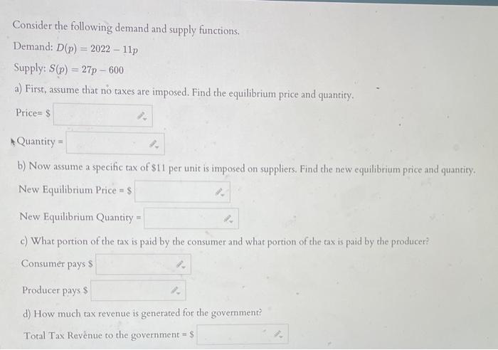 Solved Consider the following demand and supply functions. | Chegg.com