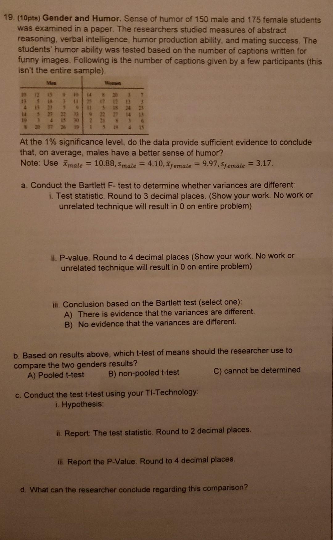 Solved 19. (10pts) Gender and Humor. Sense of humor of 150 | Chegg.com