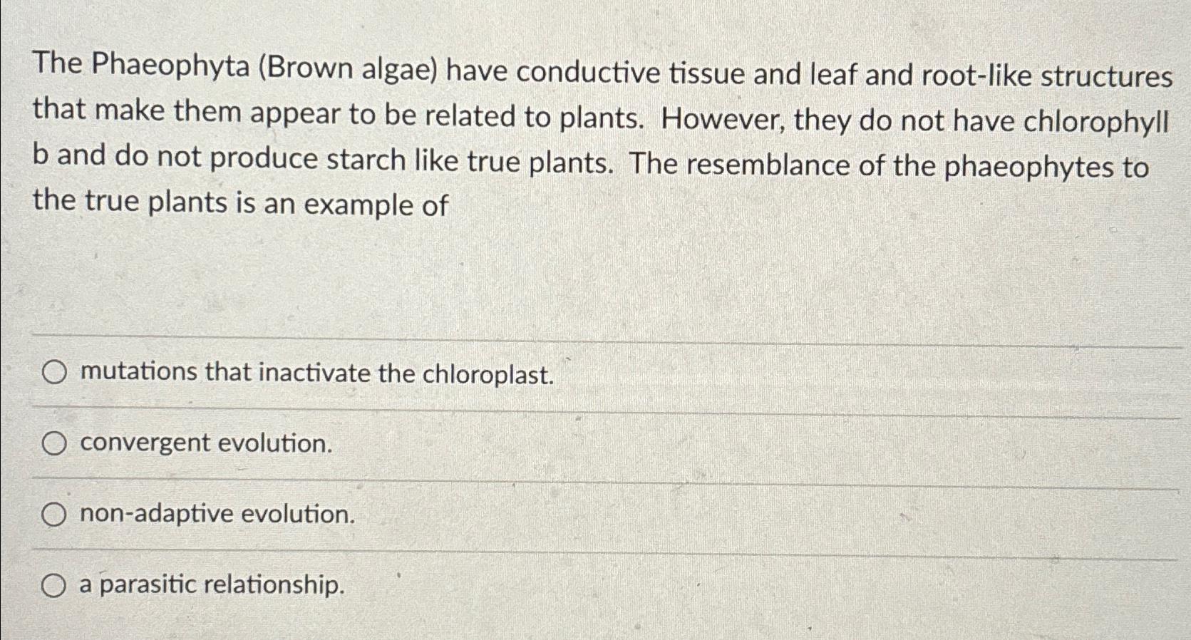 Solved The Phaeophyta (Brown algae) ﻿have conductive tissue | Chegg.com