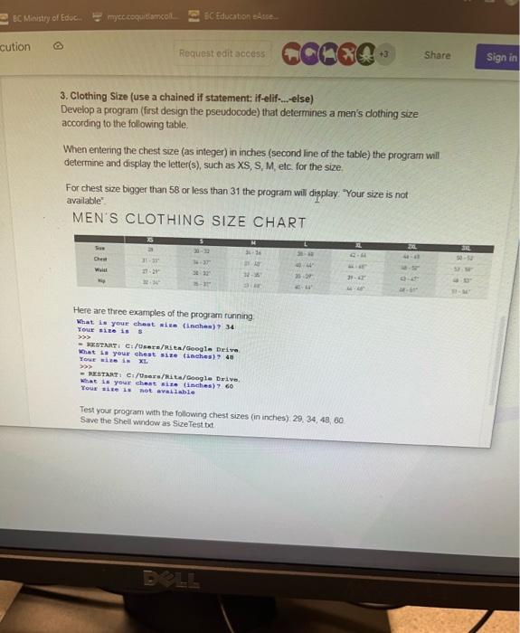 Solved 3. Clothing Size (use a chained if statement: | Chegg.com