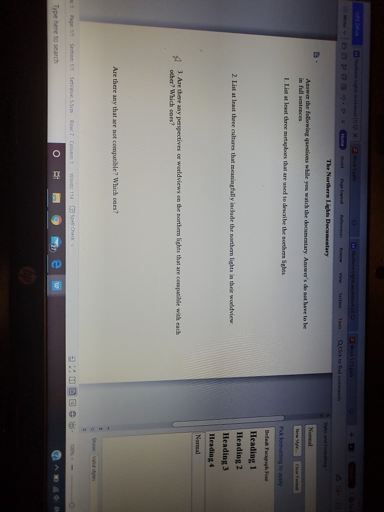 Northern Lights worksheet (1) X F Weeksppte W | Chegg.com