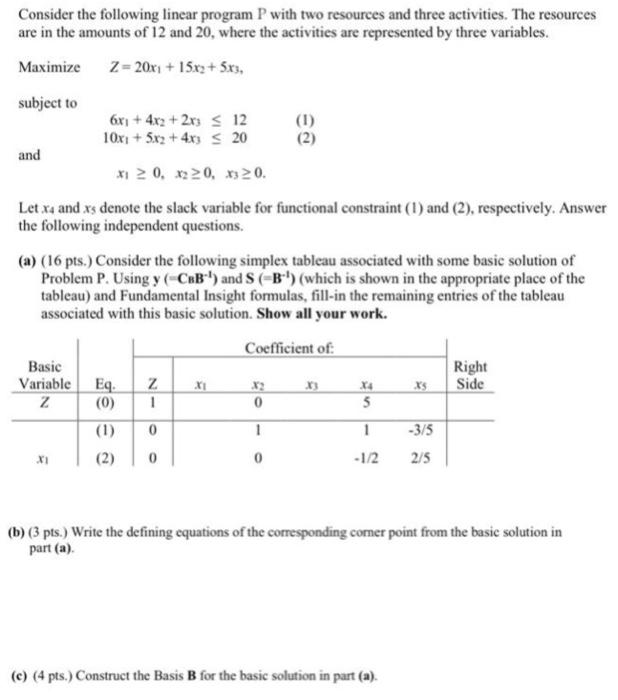 Consider the following linear program P with two | Chegg.com