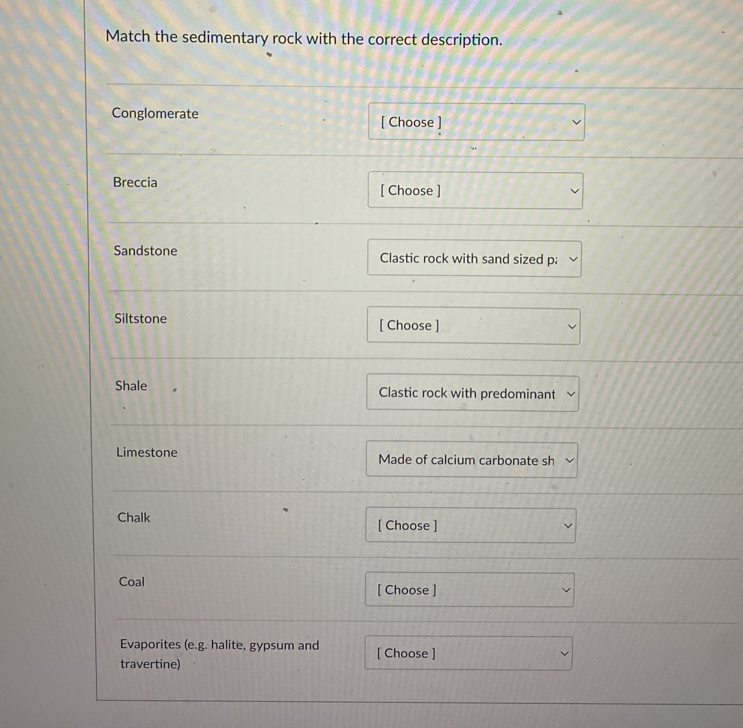 Solved Match the sedimentary rock with the correct | Chegg.com